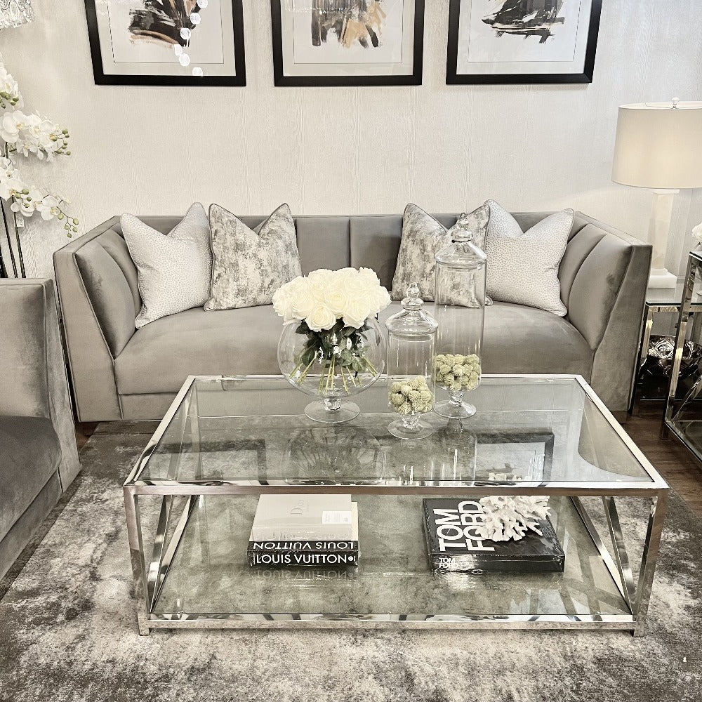Clearance Tides Collection Grey Smith Velvet Sofa In Stock Tides Home And Garden